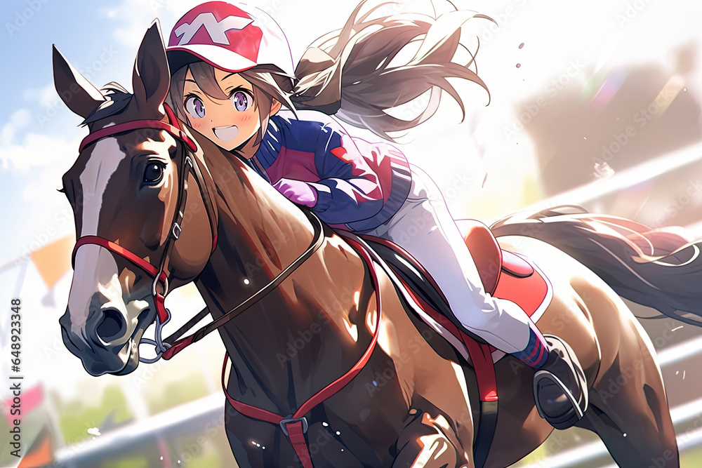 Anime Girl As A Skilled Equestrian Competing In A Race Illustration ...