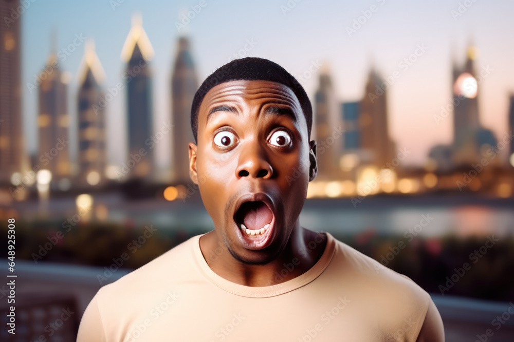 Surprise African Man In Beige Polo Shirt On City Background. Сoncept ...