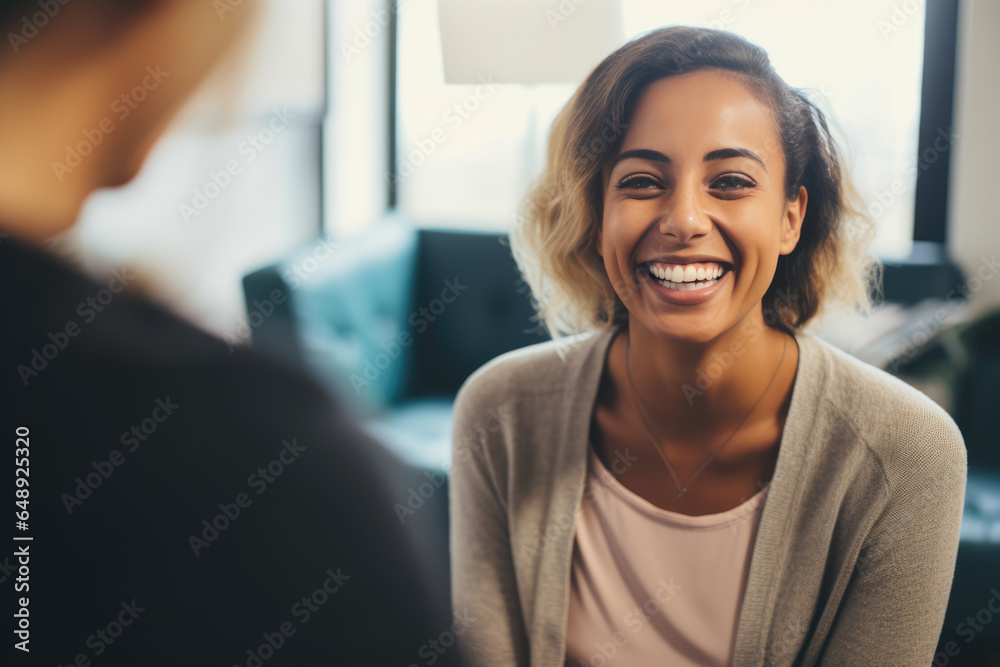 Smiling Psychologist Comforting Patient During Therapy Session. Сoncept ...