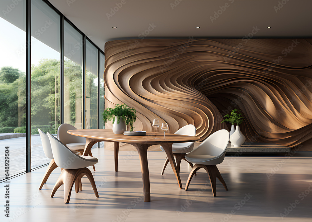 Dining room with abstract wood lining high ceilings lined with abstract ...