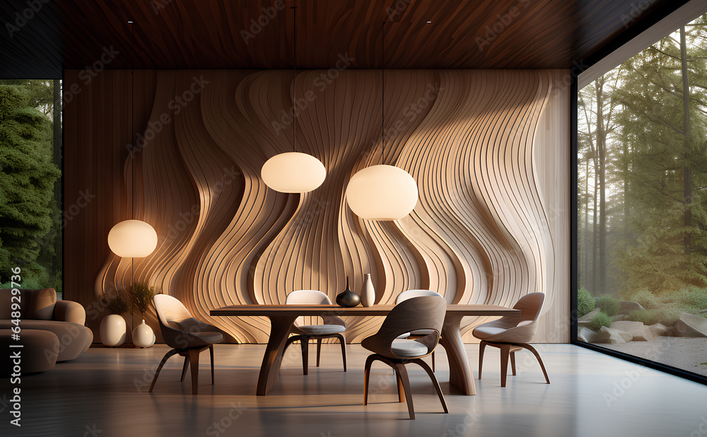 Dining room with abstract wood lining high ceilings lined with abstract ...