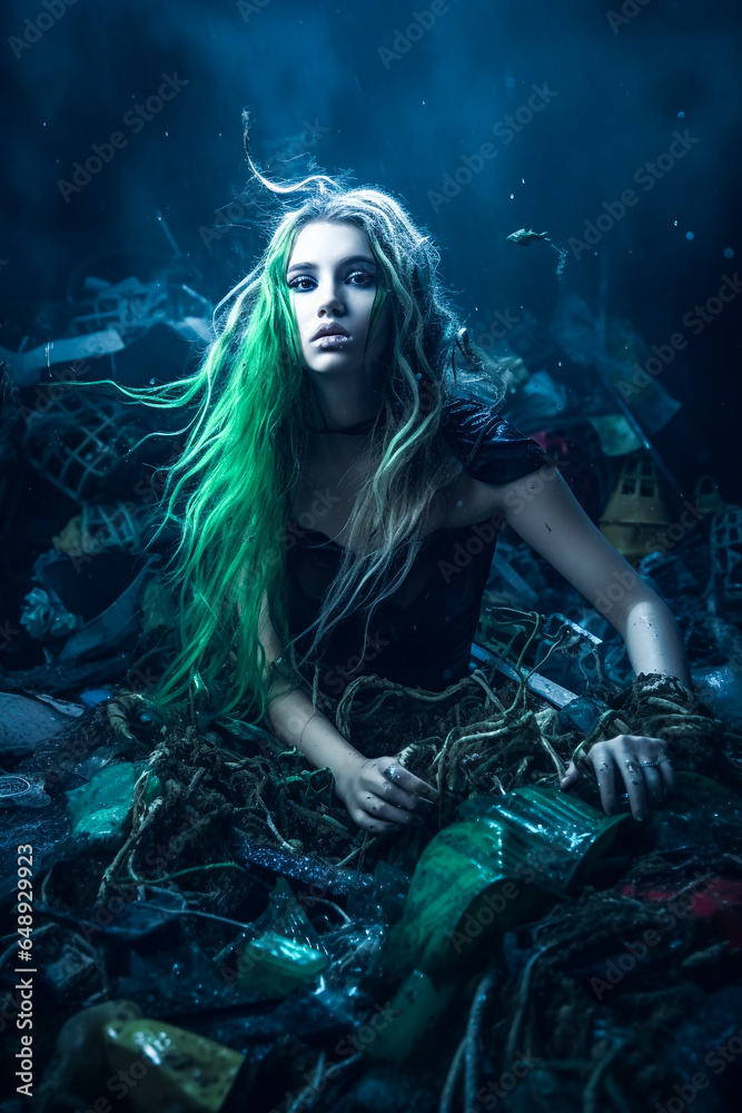 Young mermaid caught in the underwater marine pollution with plastic ...
