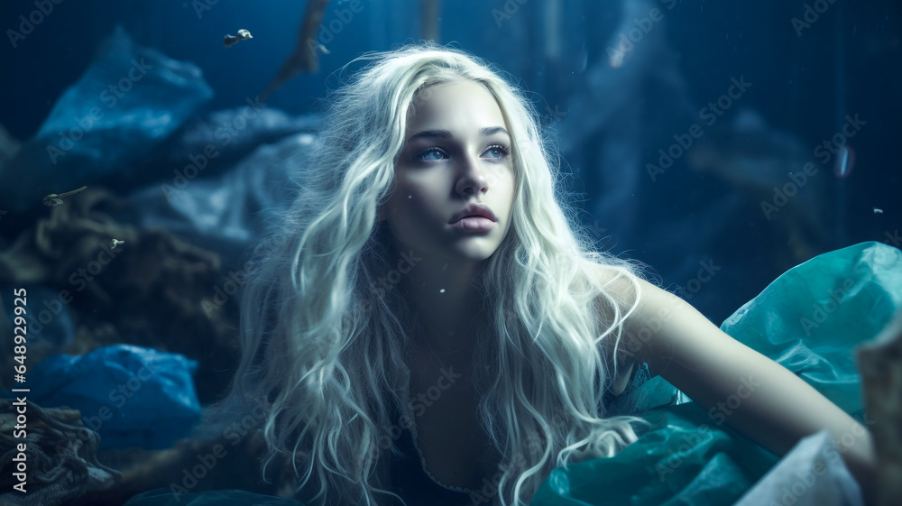 Young mermaid caught in the underwater marine pollution with plastic ...