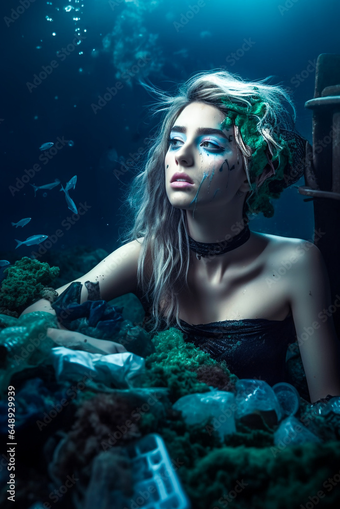 Young mermaid caught in the underwater marine pollution with plastic ...