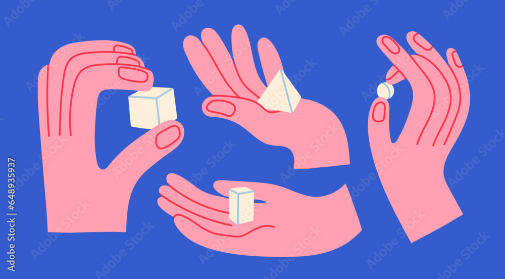 Abstract human Hands hold basic Geometric Figures. Cube, triangle ...