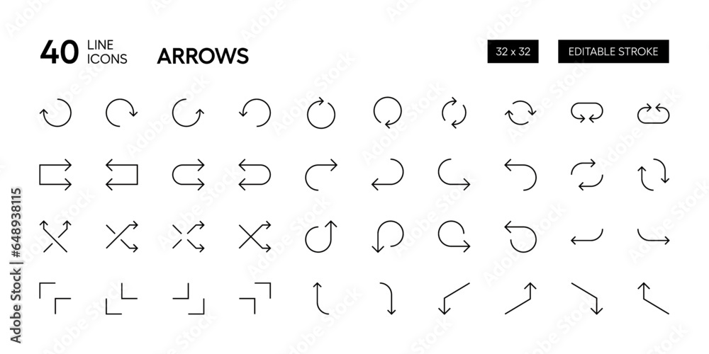 Arrow icon collection. Editable stroke outline arrow icon set. Arrows rotating, refresh, reload ...