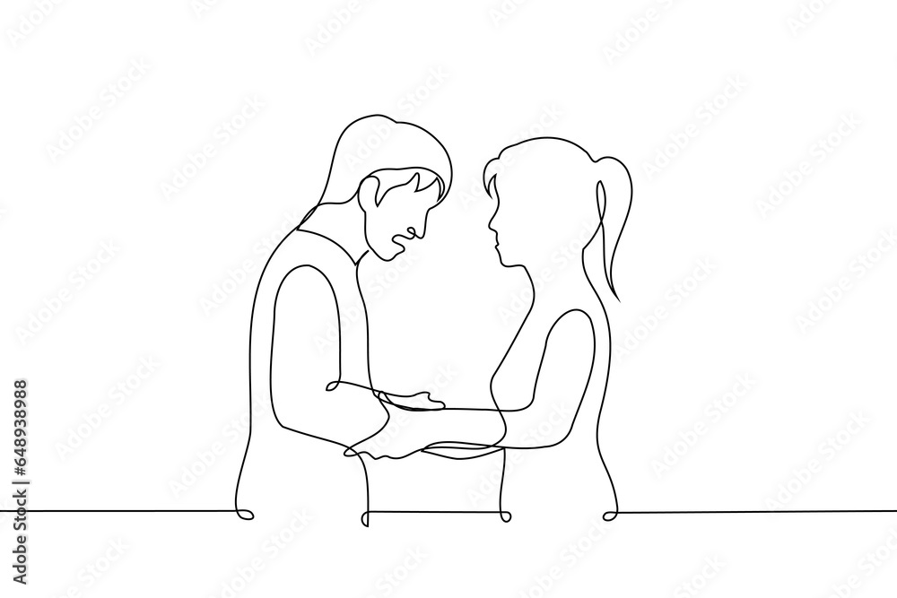 woman holding hands of crying man - one line art vector. concept woman ...