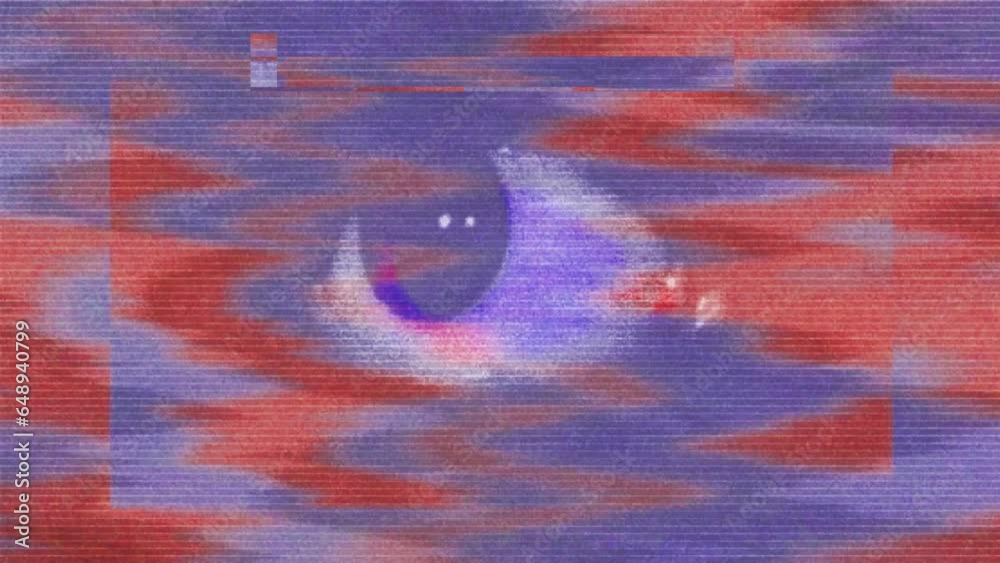 Rapidly moving human eye on a glitchy VHS orange and blue backdrop ...