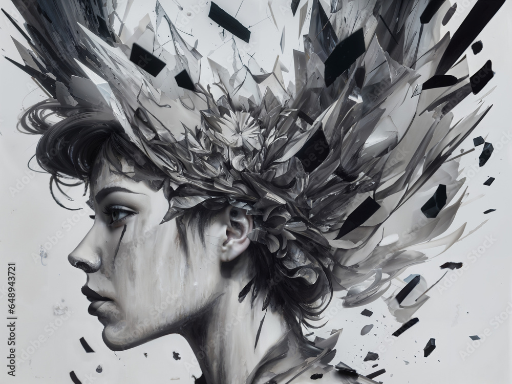 Human head exploding, mental health awareness, side of face, abstract ...