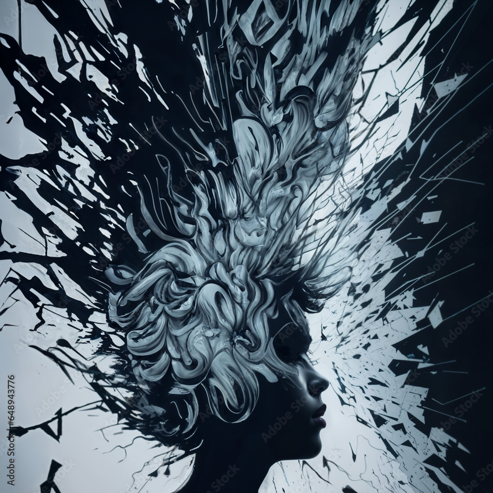 Human head exploding, side of face, abstract image ofthe tumultuous and ...