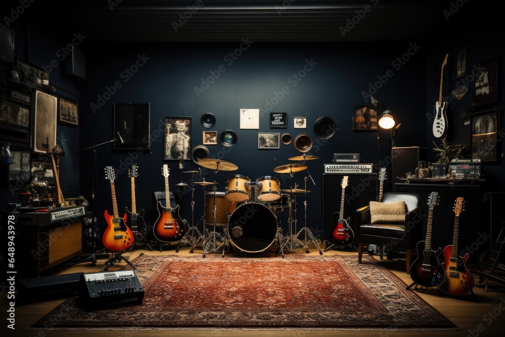 Rehearsal space for rock music band, drum set, guitars, amplifiers ...