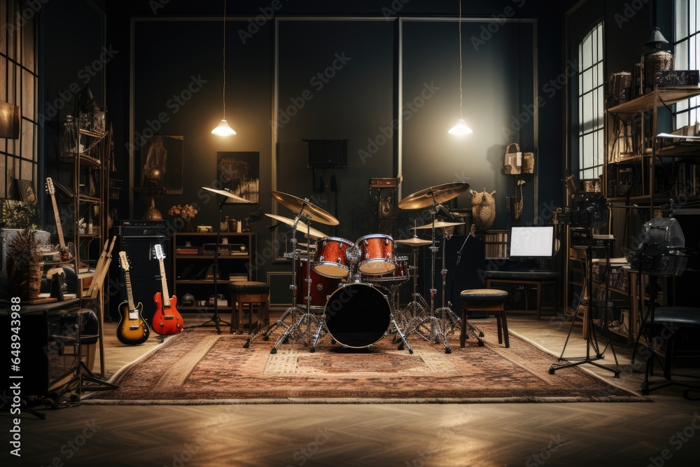 Rehearsal space for rock music band, drum set, guitars, amplifiers ...
