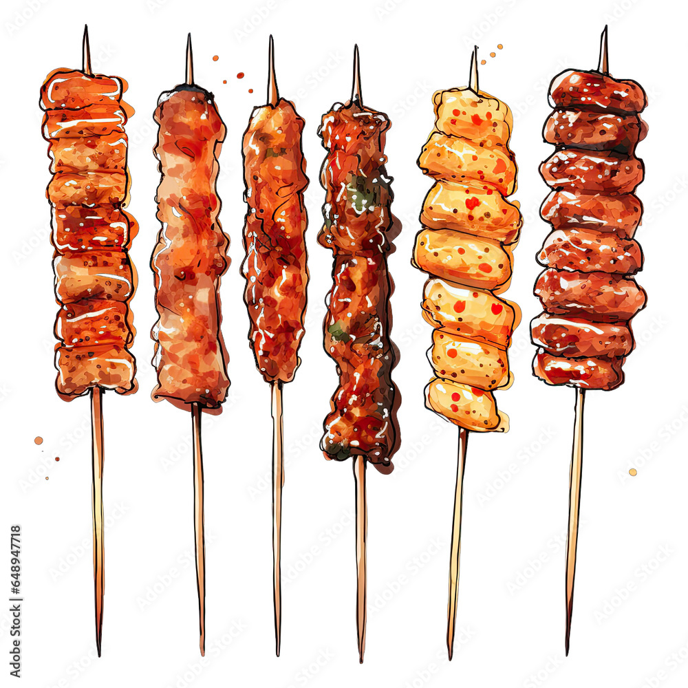 A professional digital art illustration hand painted style of Satay ...
