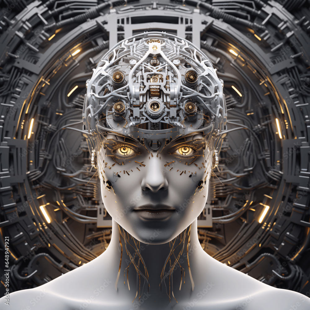 The generative AI creates a stunning illustration young female cyborg ...