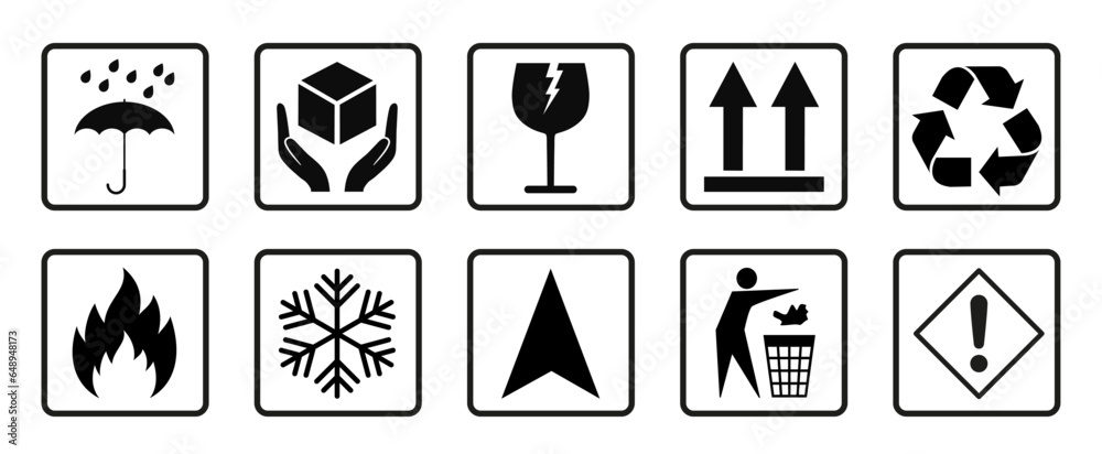 Packaging and warning symbols set, fragile cargo icons, fragile package warning signs umbrella ...