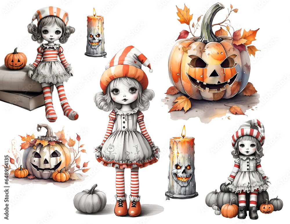 Fun Set of Halloween ClipArt, Clip Art, Sketch Drawings and Watercolor ...