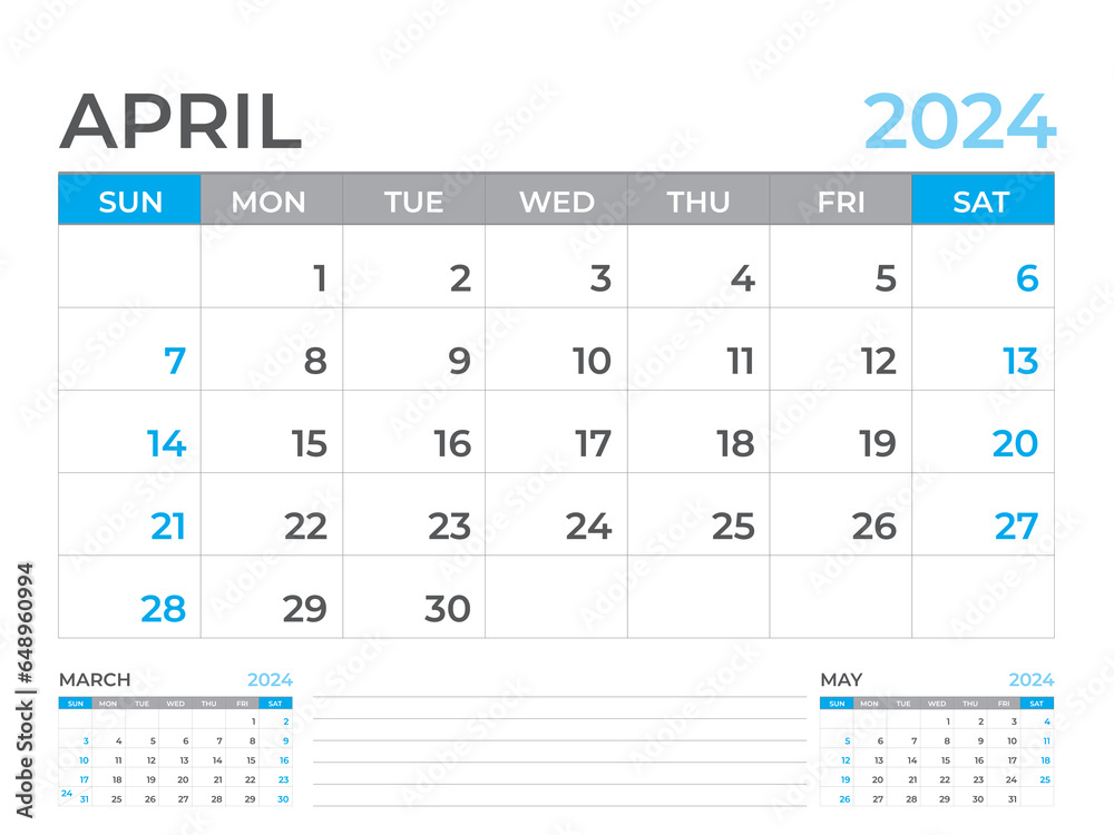 April 2024 page, Calendar 2024 template, Desk calendar 2024 year ...