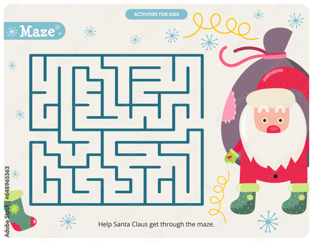 Christmas activities for kids book. Help Santa Claus get trough ...