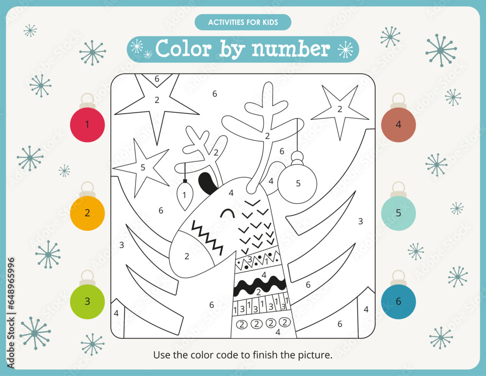 Christmas activities for kids. Color by numbers – Reindeer. Logic games ...