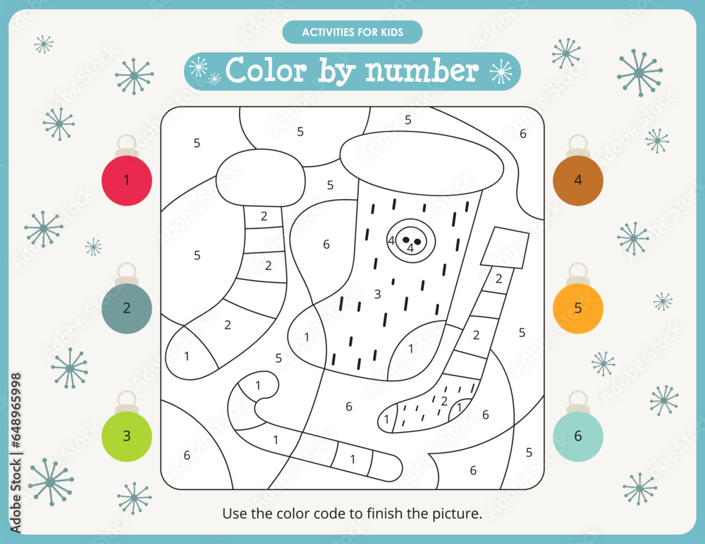 Christmas activities for kids. Color by numbers – Stocking, Candy Cane ...