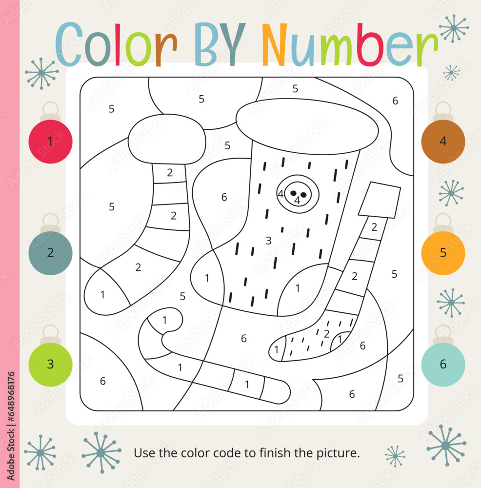Christmas activities for kids. Color by numbers – Stocking, Candy Cane ...