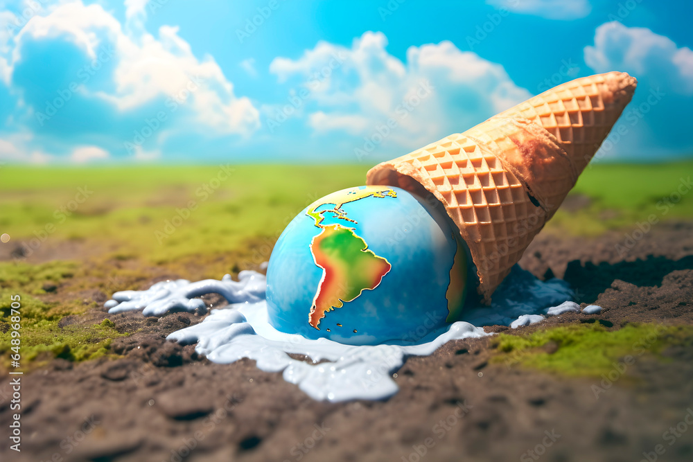 Ice cream cone lying on the ground with the planet earth as a melting ...