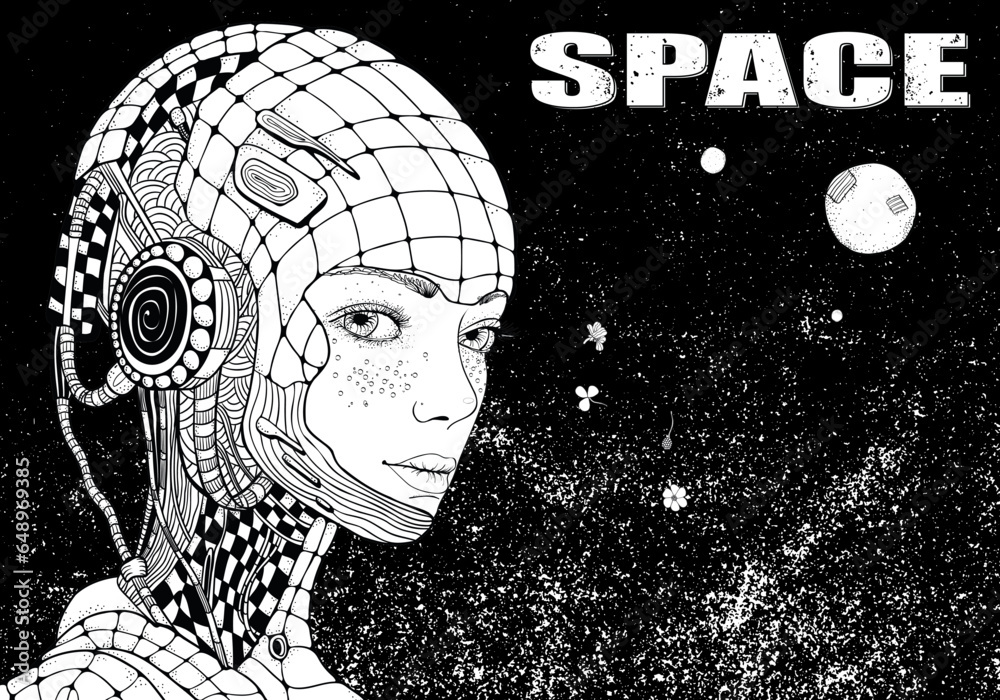 Cute Robot Space Girl. Zentangle background. Black and white doodle ...