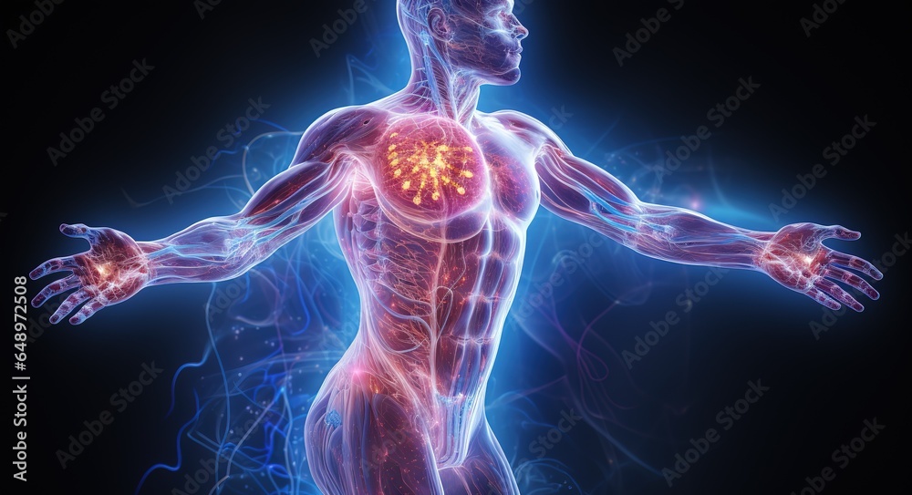 Healthcare, human body hologram with full body scan, bones, organs ...