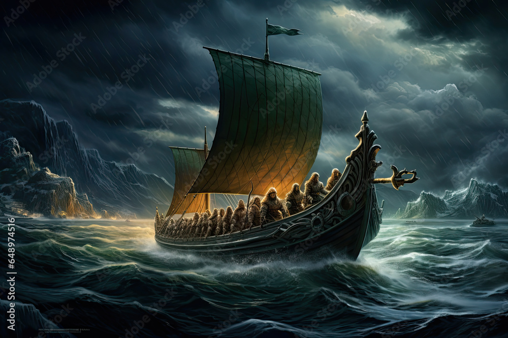 Viking ships fighting the storm. Wooden boats of the Vikings setting ...