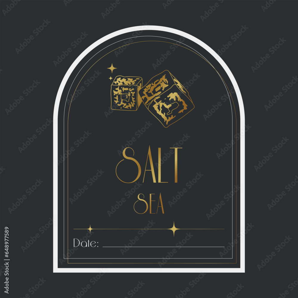 Sea Salt Spice Sticker. Arch shaped salt sticker in gold color on dark ...