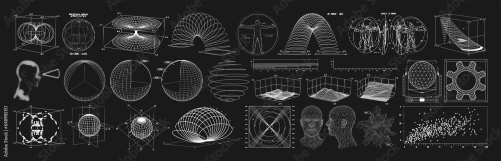 Wireframe of geometric shapes. 3D retro futuristic blueprints of ...