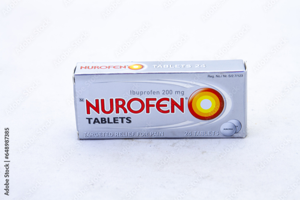 Johannesburg, South Africa - a box of Nurofen tablets isolated on a ...