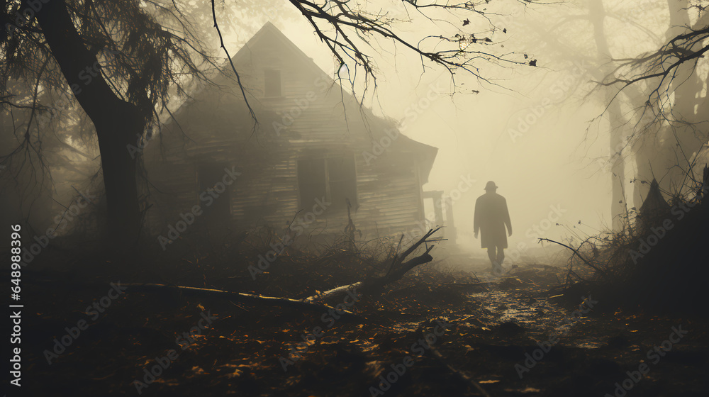 Halloween haunted house - vintage photo - faded and worn - silhouette ...