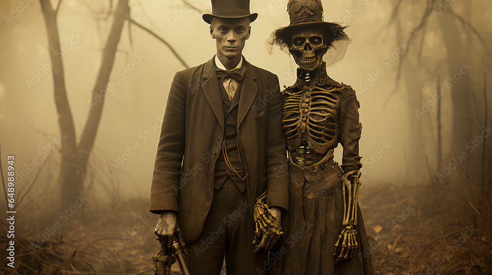 Scary woman with man - old faded vintage picture. - yellowed and worn ...
