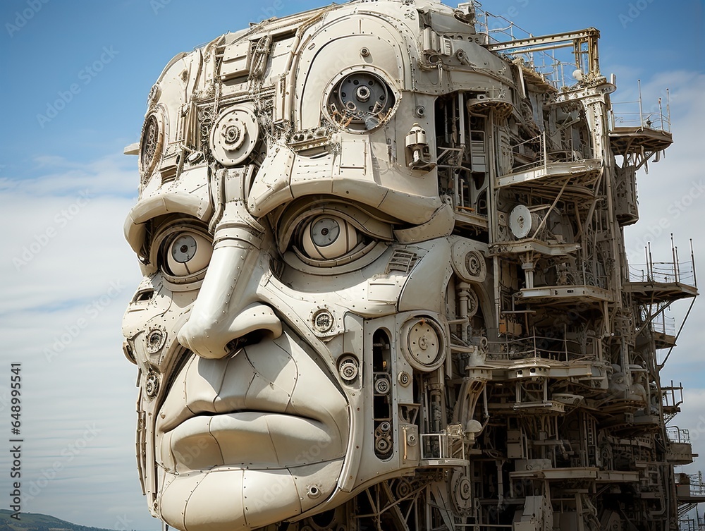 AI-generated illustration of a giant constructed man's face, with gears ...
