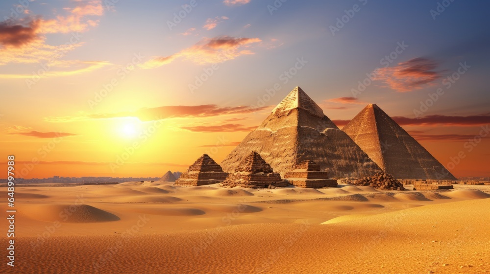 Golden sunset casts long shadows on the ancient pyramids of Giza and ...