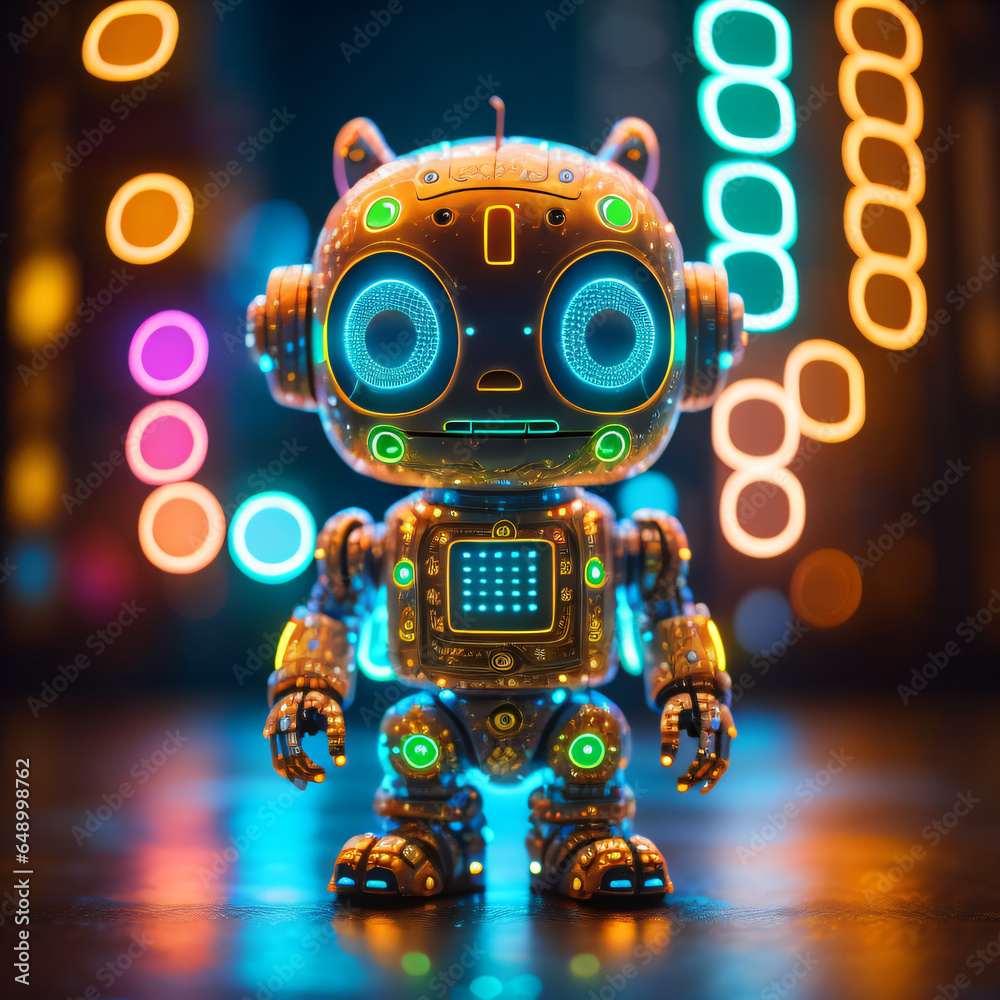 Generative AI illustration of adorable small bright robot with blue ...