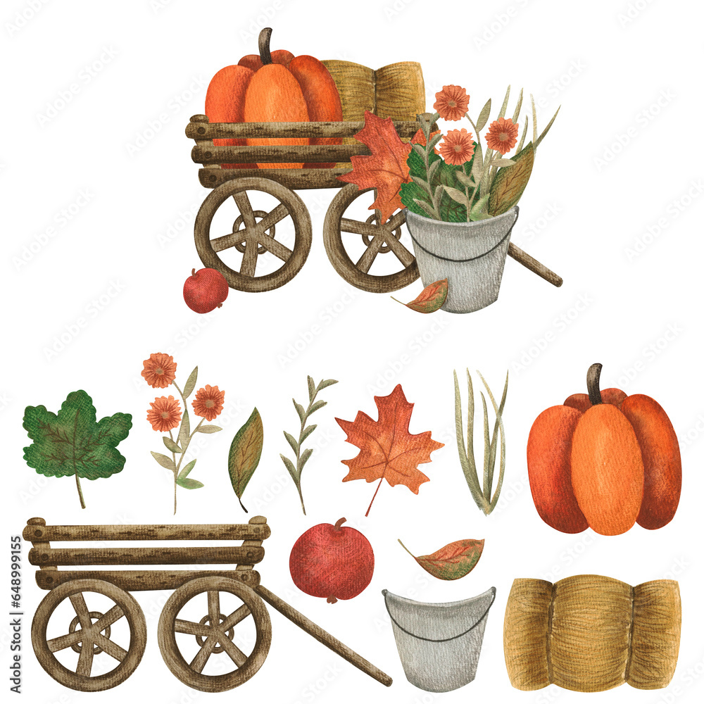 Autumn watercolor clip art set on a white background, hand drawn ...