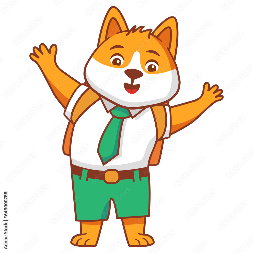 Cartoon dog going to school.A joyful cute tiger jumping cub in a school ...