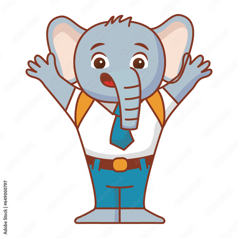 Cartoon elephant going to school.A joyful cute tiger jumping cub in a ...