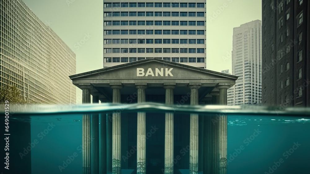 Banking crisis, depiction of a bank sinking underwater, representing ...