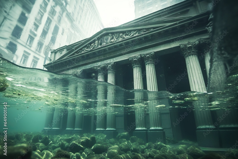 Banking crisis, depiction of a bank sinking underwater, representing ...