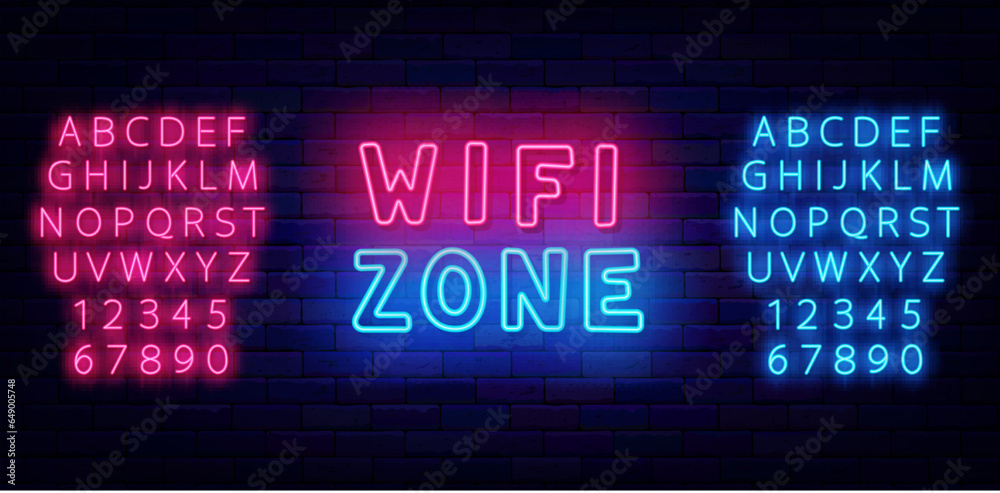 Wifi zone neon label. Glowing internet label for cafe and bar. Shiny ...