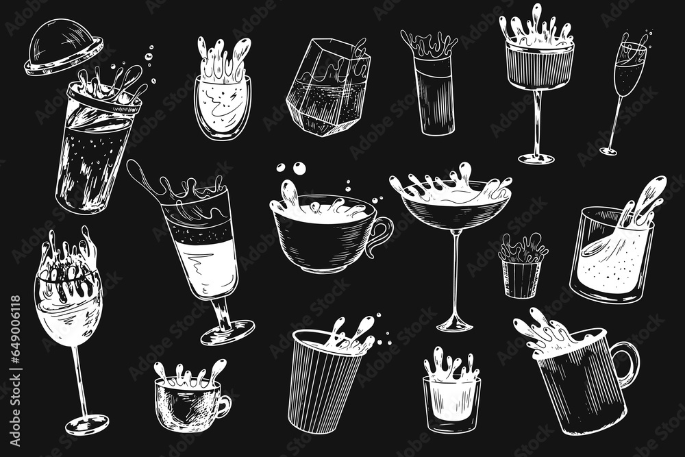 Drawn on chalkboard cup of spilled coffee. Different spilled drinks ...