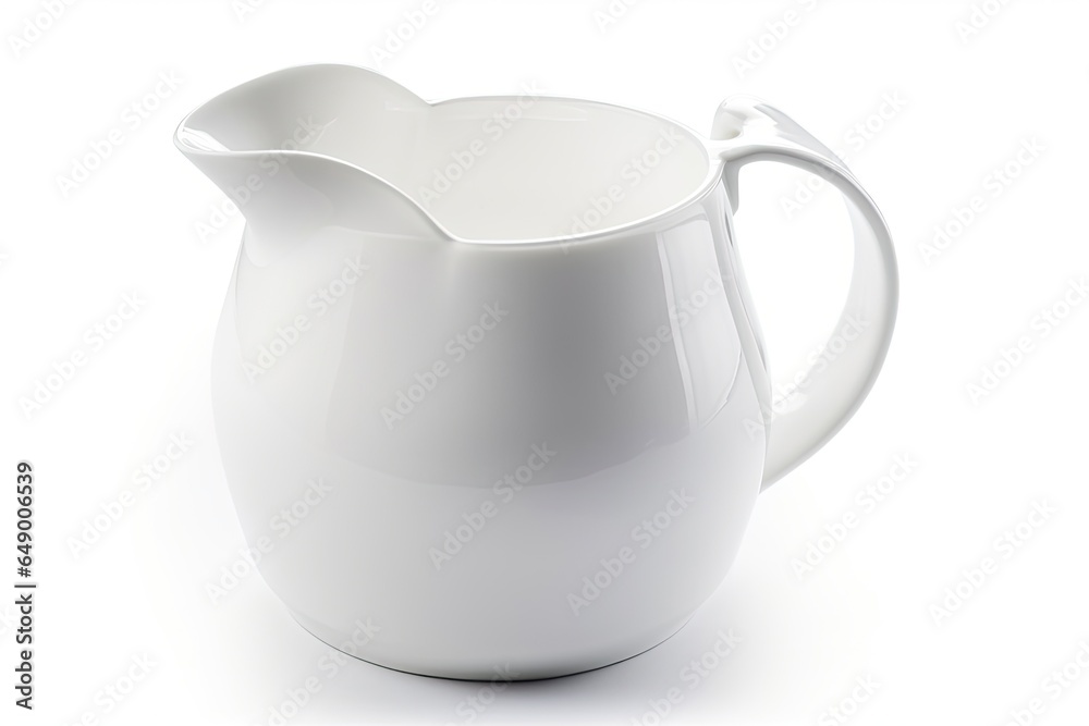 A white ceramic pitcher with a handle and a spout, round body and ...