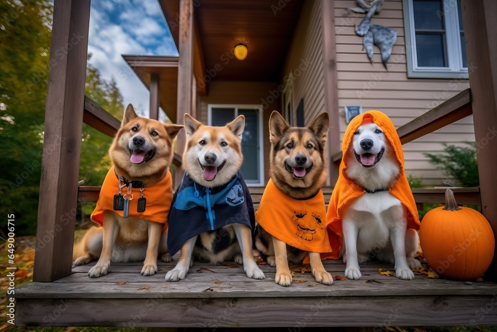 Cute dogs wearing Halloween costumes sitting on decorated porch ...