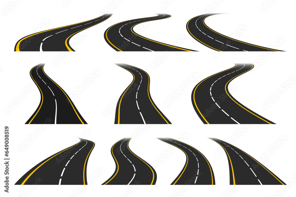 Set of various road curves, turns and bends stretching into the horizon ...