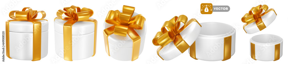 Set of 3d realistic white satin gift boxes in circle shape with luxury ...