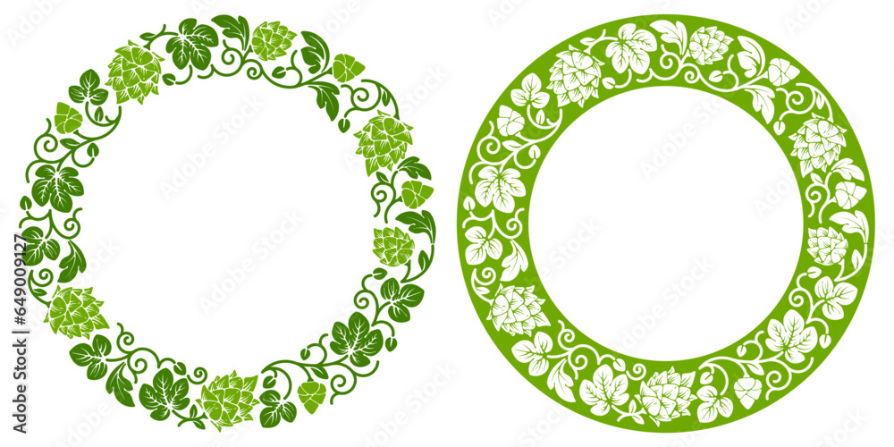 Set of circle frames with patterns of hop plant or malt, ripe hops ...