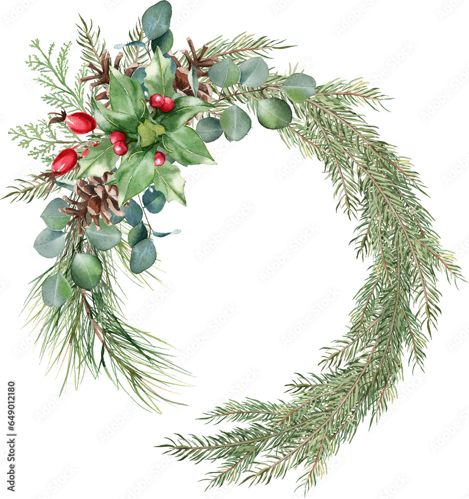 Watercolor winter greenery wreath illustration, transparent background ...